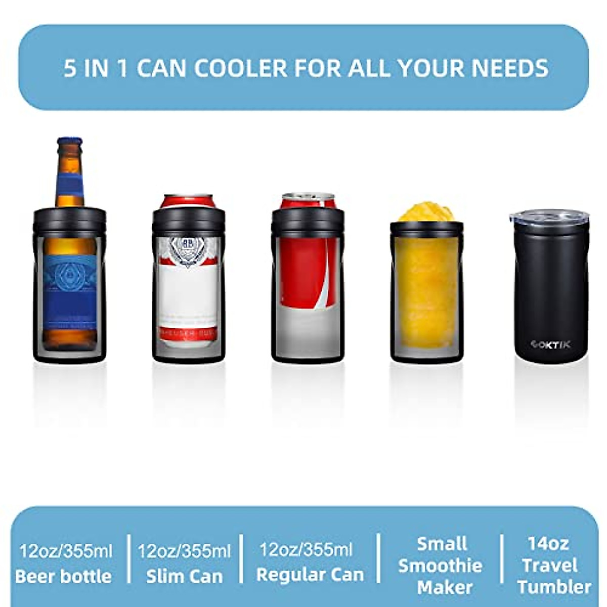 COKTIK 5 in 1 Insulated Can Cooler, Doublae Wall Slim Can Cooler for 12 oz Regular or Slim Cans & Beer Bottle (BLACK)