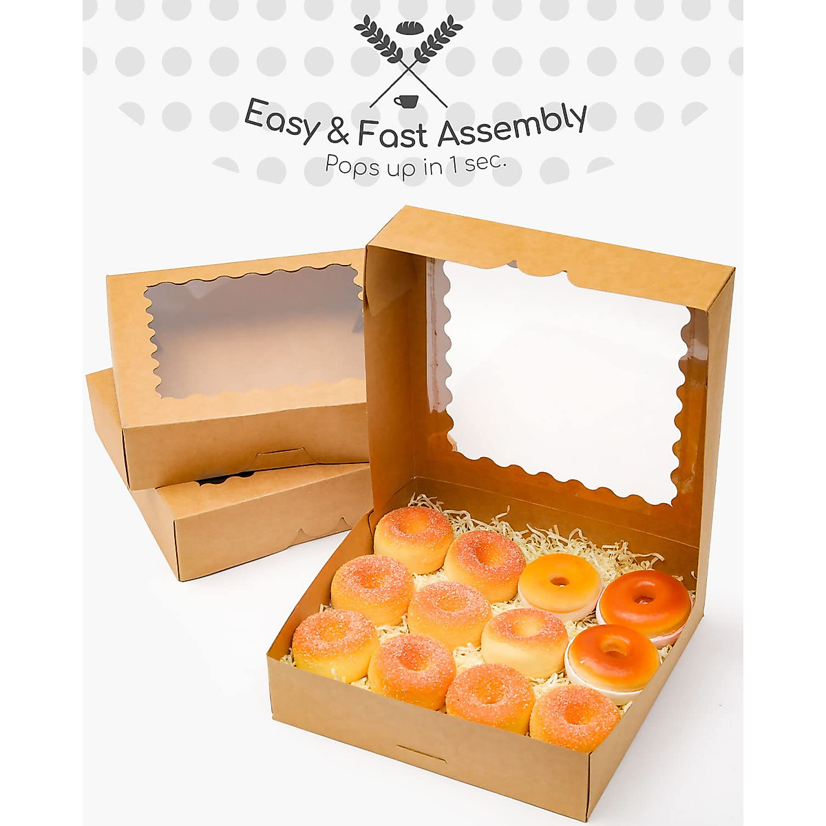 qiqee Auto-pop up Brown Pie Boxes with Window 10x10x2.5 inch 30Packs Cookie Donut Bakery Box