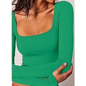 Dwnval Women's Sexy Long Sleeve Crop Top Square Neck Double Lined Basic Slim Fit T Shirt(Green, S)