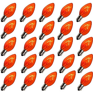 25 Pack C7 Orange Halloween Light Bulbs, C7 Clear Orange Replacement Light Bulbs E12 Candelabra Base Bulbs for Halloween Christmas Outdoor String Lights Candles, Night Lights Bulbs 5W 120V- Orange