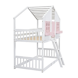 Tdewlye House Bunk Bed Twin Over Twin Kids Bunk Bed Wood Frame with Roof, Window, Window Box, Door, Safety Guardrails and Ladder for Girls Boys Child Teens (Pink+White-@14)