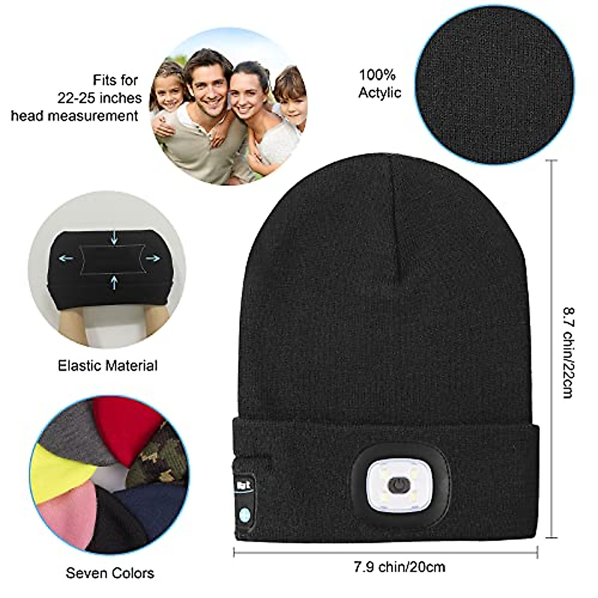 Keains Gifts for Men Women Dad, Unisex Bluetooth Beanie Hat with Light,Musical Knitted Cap with Headphone and Built-in Stereo Speakers & Mic Black