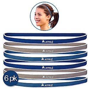 Athlé Skinny Headbands for Women and Men - 6 Pack - Elastic Headbands for Women and Men - Non Slip Silicone Grip - Lightweight and Comfortable Thin Headbands - Blue, Grey