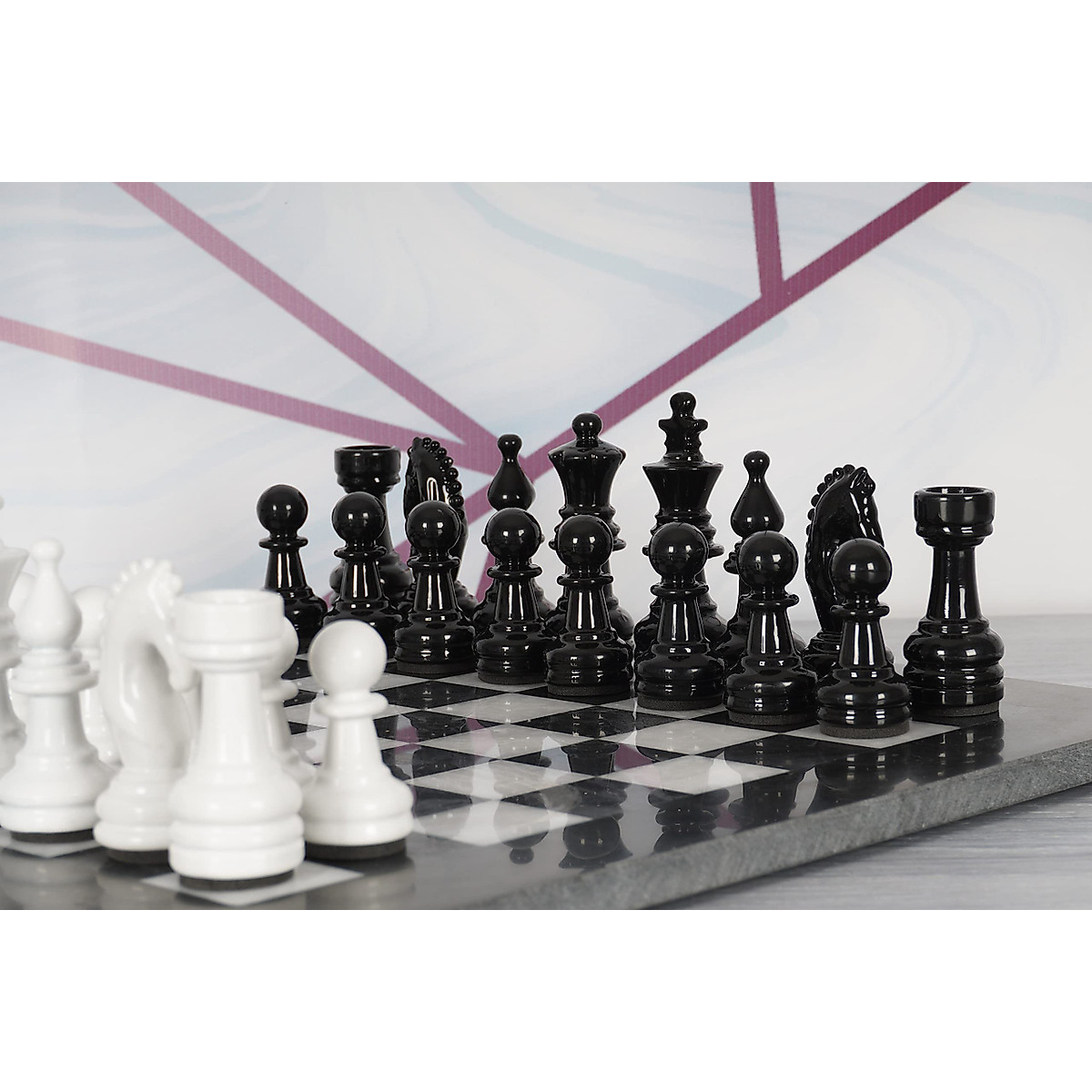 Marblous Krafts 15 Inches Black & White Chess Set with 32 Metallic Figures & 2 Extra Queens and Marble Board - Large Staunton Handmade Chess Game & Chess Sets for Adults and Family