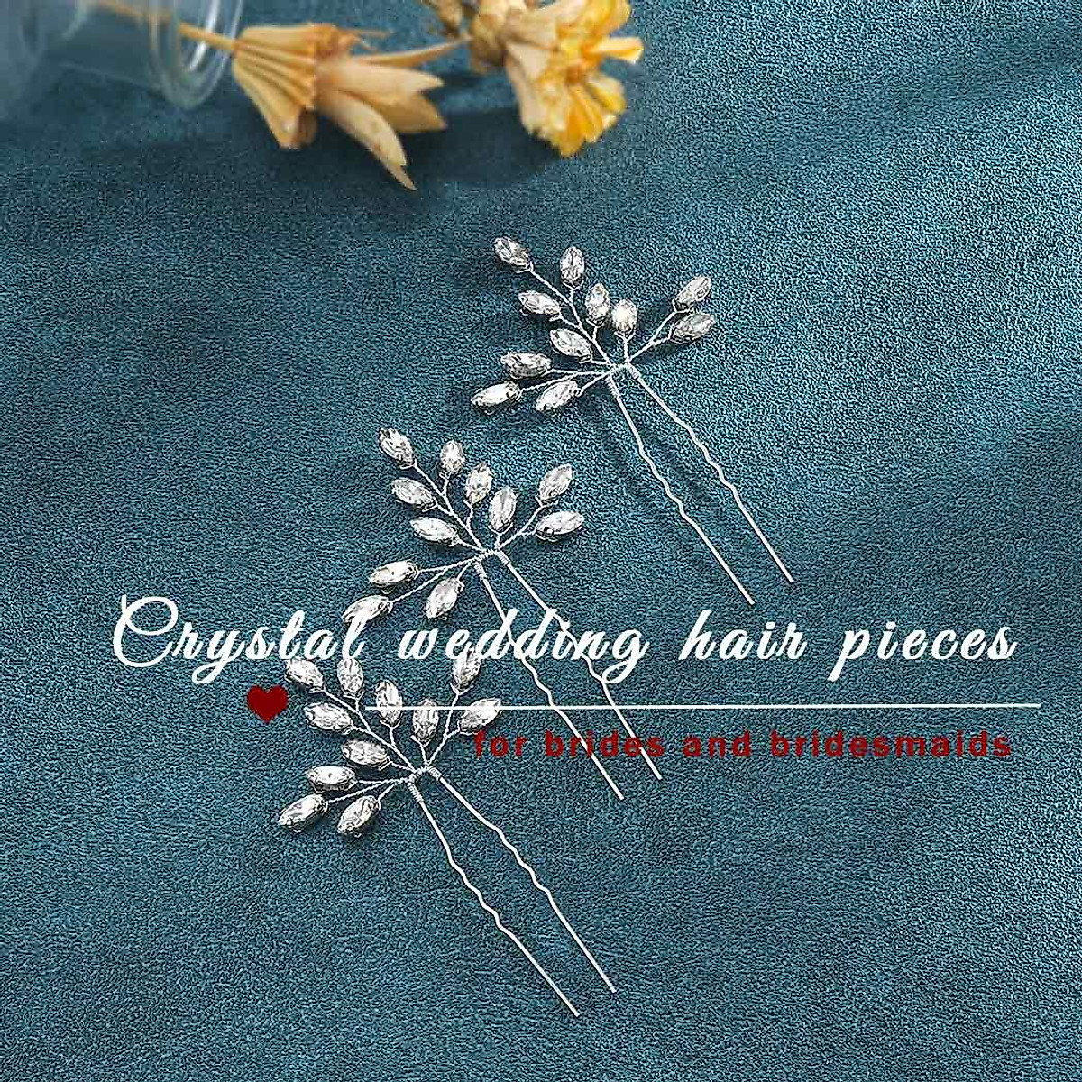 Heread Crystal Bride Wedding Hair Pins Rhinstones Bridal Hair Accessories Head Piece for Women and Girls (Pack of 3) (A Silver)