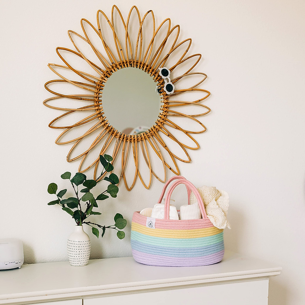 OrganiHaus Pastel Rainbow Basket, Rope Diaper Caddy Basket, Baby Diaper Caddy Organizer, Nursery Basket & Baby Baskets for Newborn Baby Diaper Organizer for Rainbow Decor, Diaper Storage Organizer