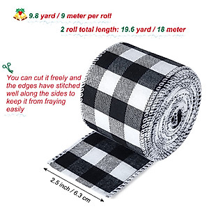 19.6 Yard 2.5 inch Wide Buffalo Plaid Ribbons Wired Edges, 2 Rolls Black and White Checkered Ribbon for Christmas Tree Gift Decorations