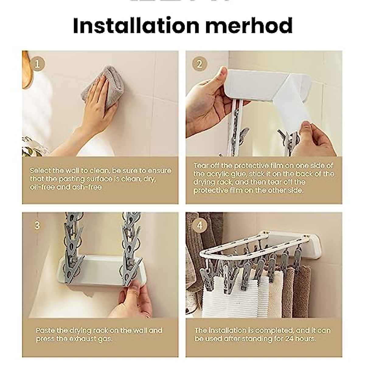 Clothes Drying Rack Multiple Clips Foldable Wall-Mounted Strong Load Bearing Windproof Hanger Drying Clip Household Supplies Valentine's Day/Mother's Day/Christmas/Birthday Gifts (White)