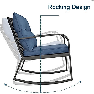 HLNPTN 3 Pieces Patio Rocking Chairs Outdoor Bistro Set, Wicker Outdoor Rocker Chair of 2, Porch Sofa Seat Patio Furniture Conversation Sets with Tempered Glass Top Coffee Table & Cushions, Dark Blue