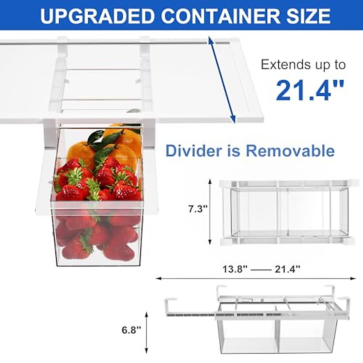 LALASTAR Upgraded Fridge Organizer Drawers, 2-PACK Refrigerator Organization and Storage, Mini Fridge Storage Containers with Handle, Adjustable Length 13.8"-21.4" (with Divider)