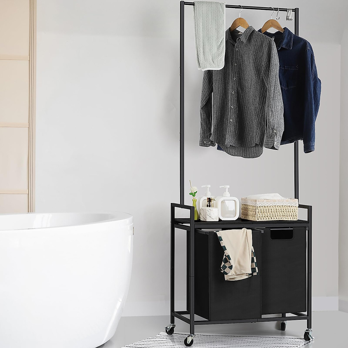 OYEAL Laundry Hamper with Lid Laundry Sorter Cart 2 Section Rolling Laundry Basket with Hanging Rack 6 Hooks for Laundry Room Bathroom Bedroom, Black