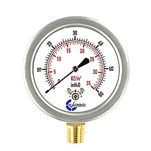 CARBO Instruments Diaphragm Low Pressure Capsule Gauge, 2-1/2" Dial, 0-35 oz/0-60in H2O Range, 1/4" NPT Lower Mount, Stainless Steel Case, Brass Internals, Adjustable, Dual Scale 35 oz/60 inH2O (IWC)