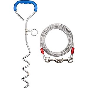 Petmate Easyturn 18 Inch Spiral Stake Dog Tie Out With 20 Foot Cable; For Dogs Up To 100 Pounds, Blue Comfort Power Handle For Secure Installation Into Ground