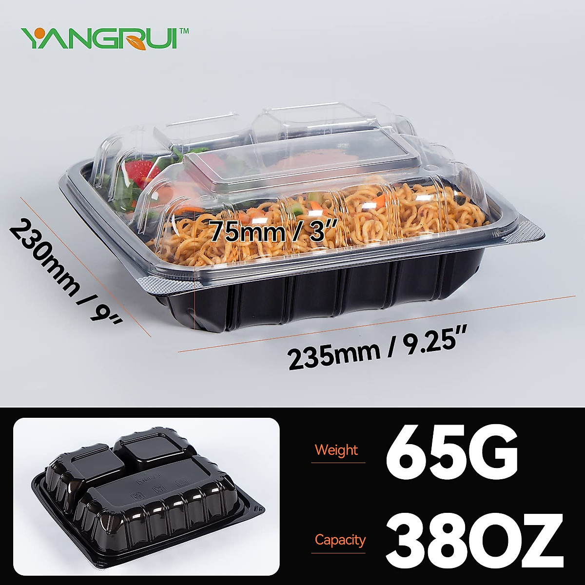 YANGRUI Clamshell Food Containers, Large Capacity 45 Pack 9.5 Inch 38 oz Anti-Fog Leak Proof Shrink Wrap 3 Compartment To Go Containers BPA Free Microwave Freezer Safe Plastic Meal Prep Container