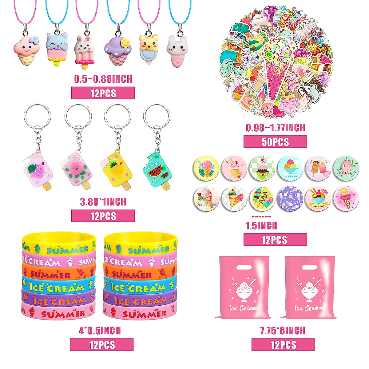 110 PCS Ice Cream Party Favors Cute Ice Cream Necklace Goodie Bags with Keychains, Stickers, Rubber Bracelets, Button Pins and Bags for Summer Themed Birthday Party Baby Shower