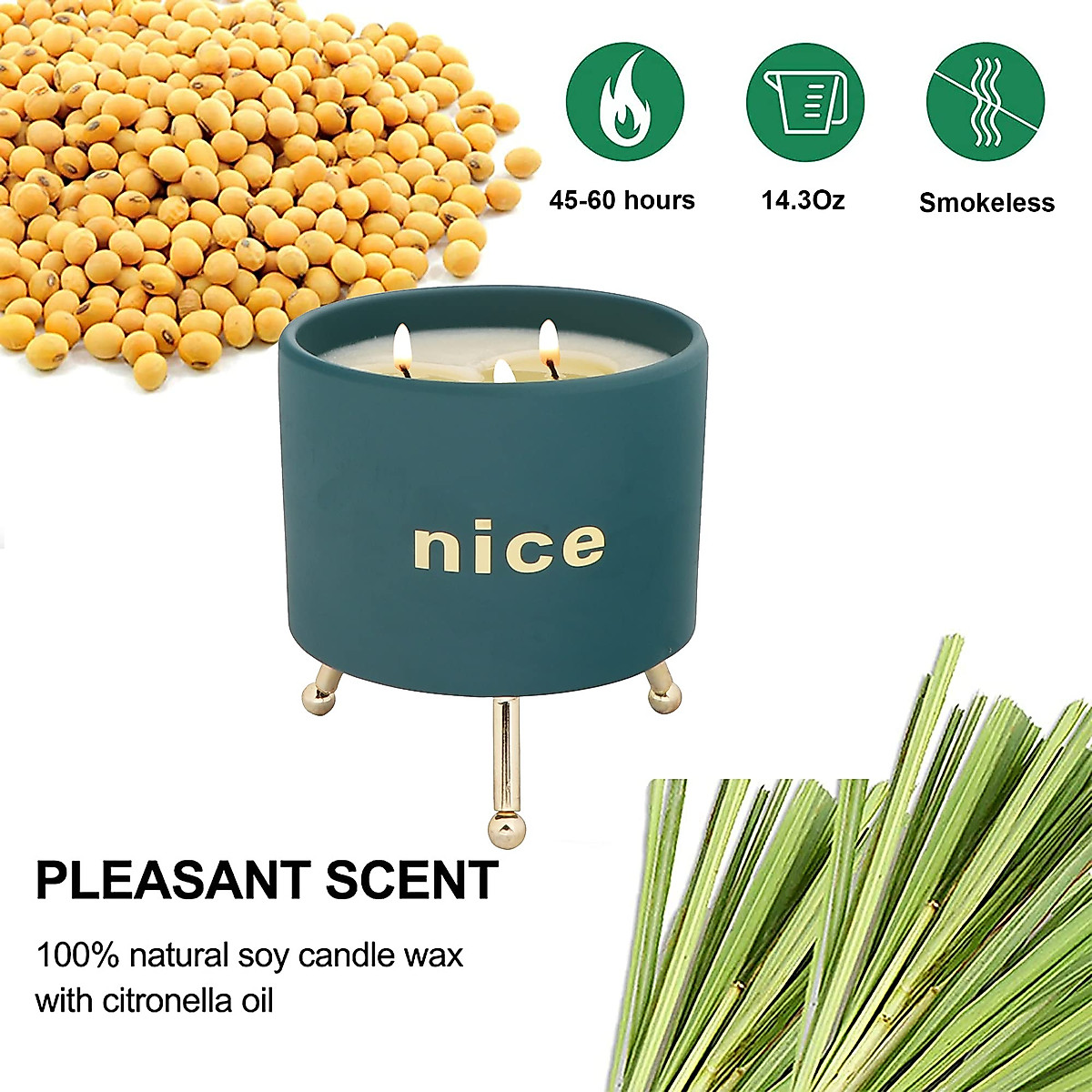 Citronella Candles Outdoor and Indoor, 50 Hours Long Burning, 14.3 Oz Large Citronella Scented Candle Decorative, 3 Wick Wax Tin, Long Lasting Essential Oil Soy Wax for Home Garden Patio Balcony-Green