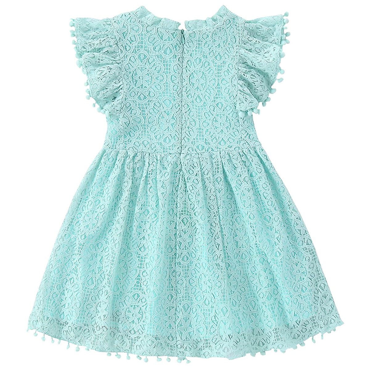 Csbks Toddler Girls Cute Pompoms Lace Floral Elegant Retro Swing Party Dress Blue-Green 130