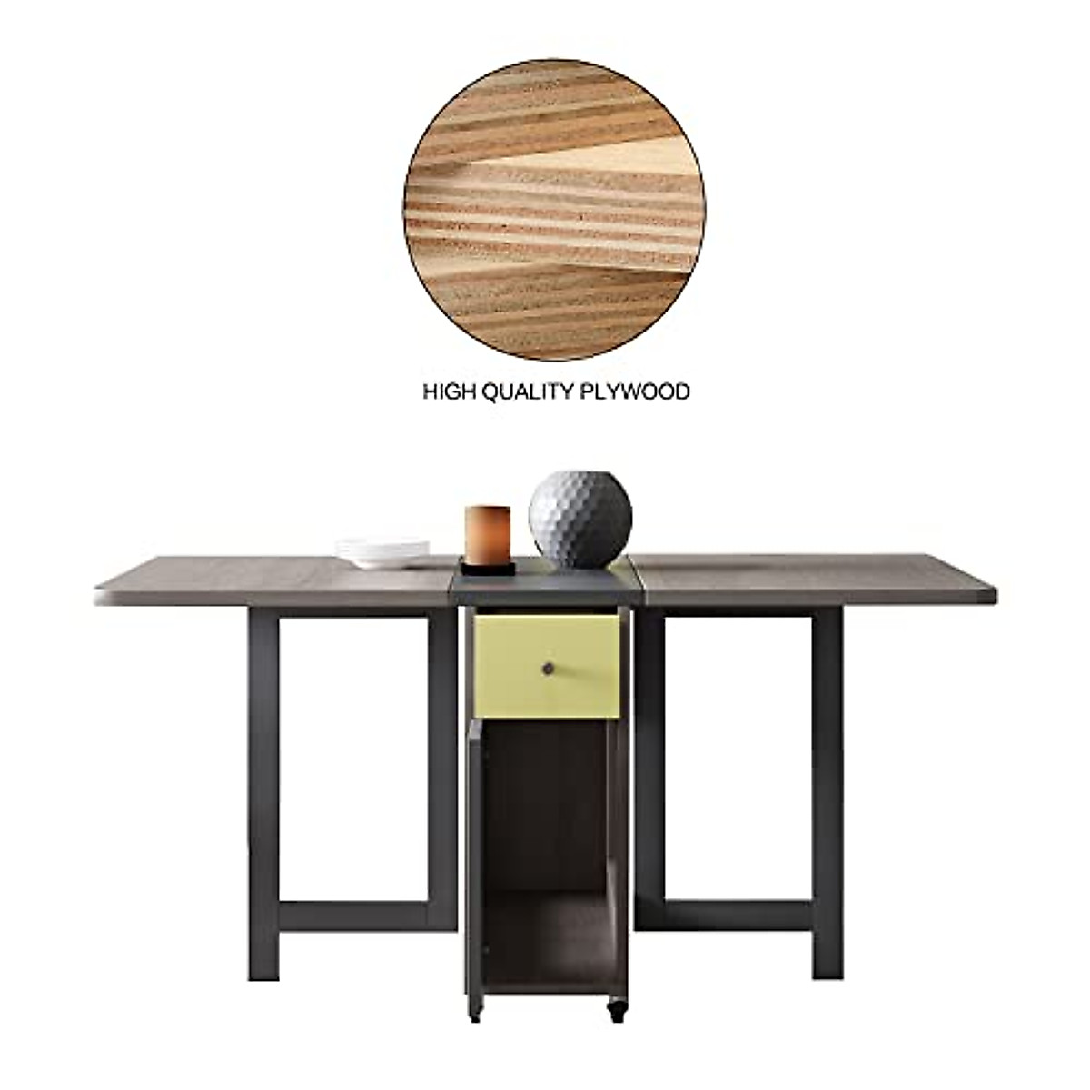 FUNROLUX Folding Dining Table with Storage Rack and 2 Drawers, Movable Kitchen Table Extendable Versatile Table Space Saving Foldable in 3 Forms (Grey)