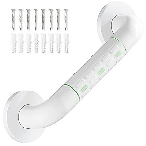 Stainless Steel Shower Grab Bar with Plastic-Plated Finish, Shower Grab Bars for Seniors, Luminous Circles and Cover Flange, Bathroom Handicap Handrails, White 12 inch
