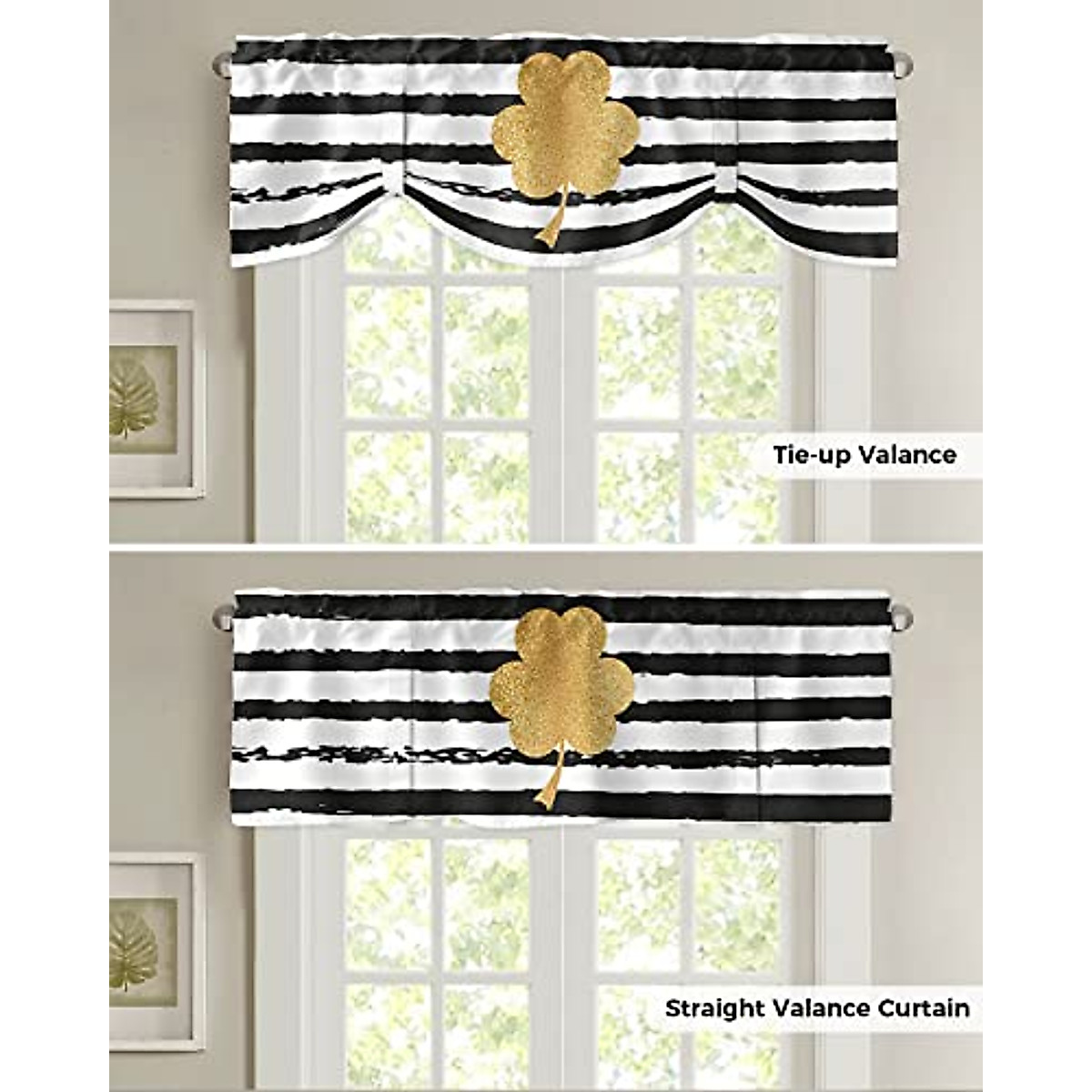 St Patrick's Gold Lucky Clover Leaves Tie Up Valance Curtain for Kitchen-Small Window Shade Valances Adjustable Rod Pocket Windows Treatment for Bathroom Black and White Stripes Line,1 Panel 42x18in