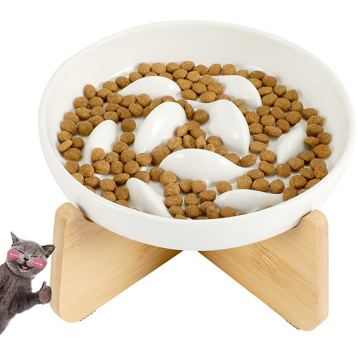 JuWow Elevated Ceramic Cat Slow Feeder Bowl, Anti Gulping Healthy Eating Diet Pet Food Bowl, Non-Slip Whale Shape Design and Raised Rim Spill Proof Slow Bowl for Kitten(Ceramic&White)