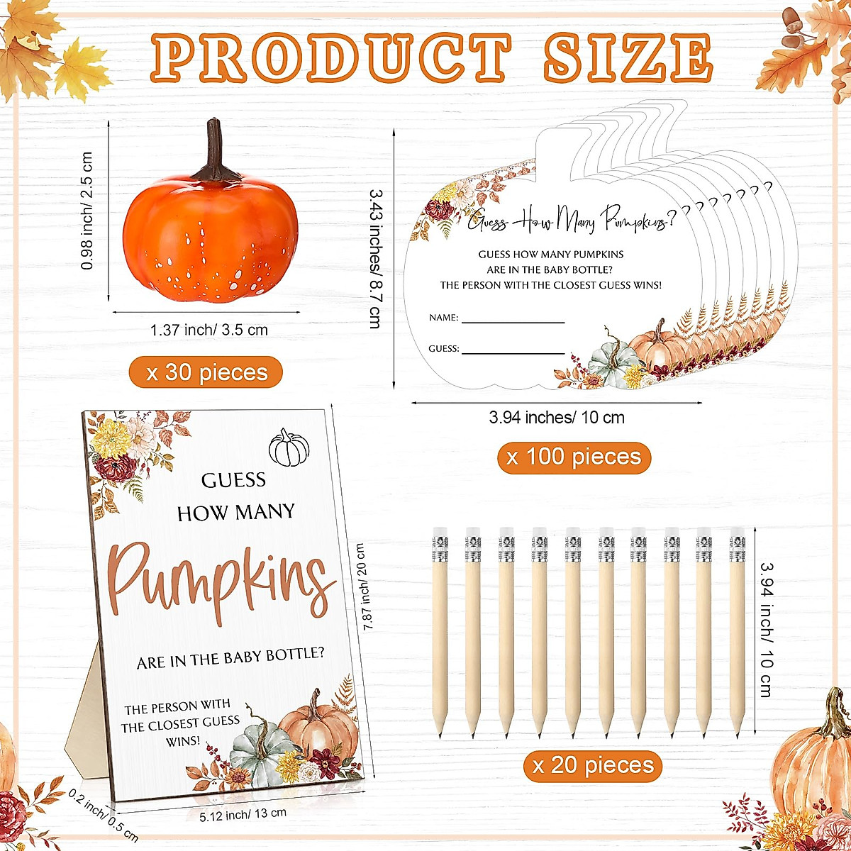 Seenelling 152 Pcs Fall Baby Shower Games Guess How Many Pumpkins Game Stand Sign 100 Pumpkins Guessing Cards 20 Pencils 1 Large Baby Bottle 30 Pumpkins for Guests Gender Reveal Party Game Decorations