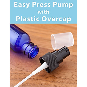 JUVITUS 1 oz Cobalt Blue Glass Boston Round Bottle with Black Treatment Pump (12 pack) + Funnel