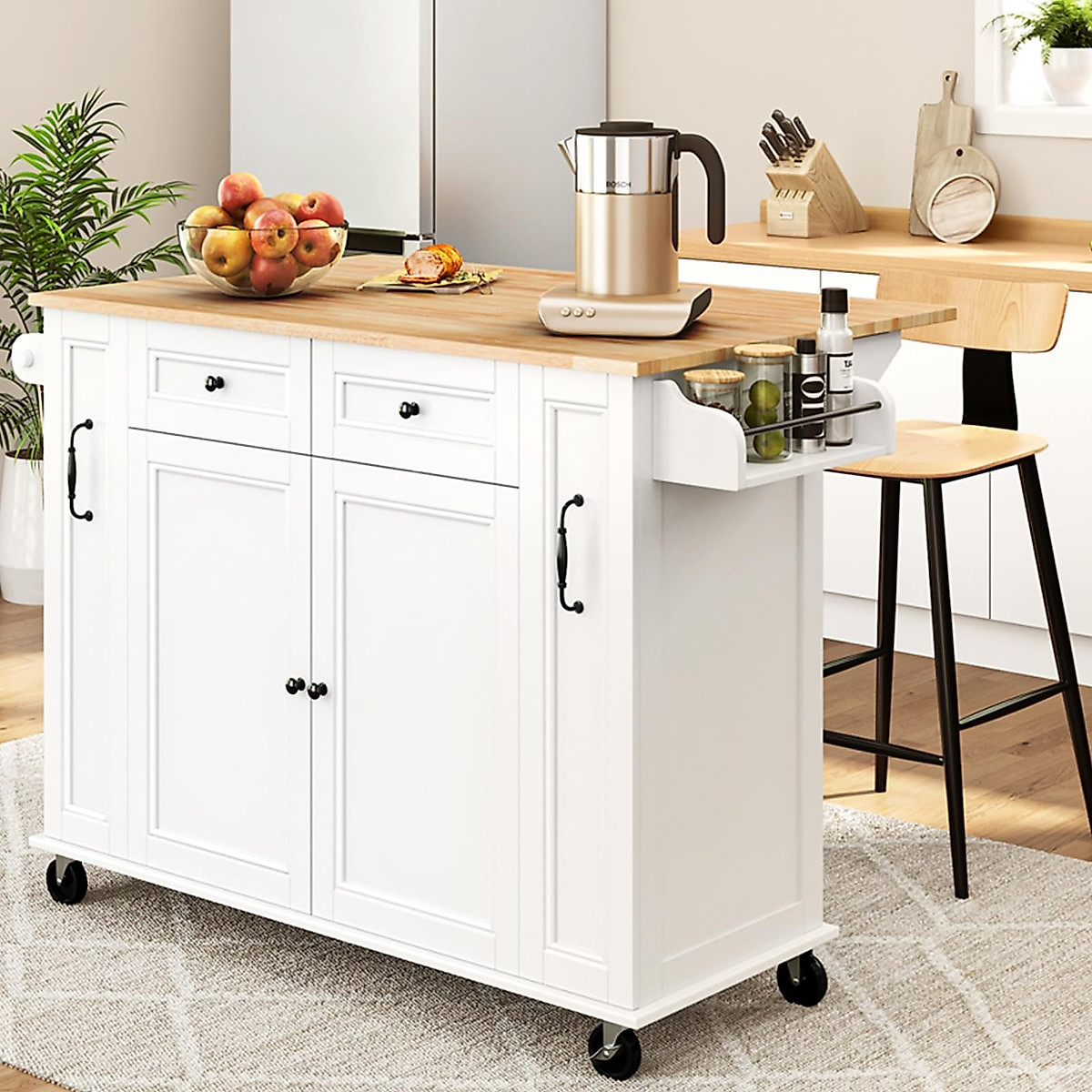 Yaheetech 52"W Kitchen Island with Drop-Leaf Breakfast Bar and 2 Pull-outs, Kitchen Cart on Lockable Wheels with Rubberwood Top & 2 Drawers & Adjustable Shelves, Storage Cabinet for Dining Room, White