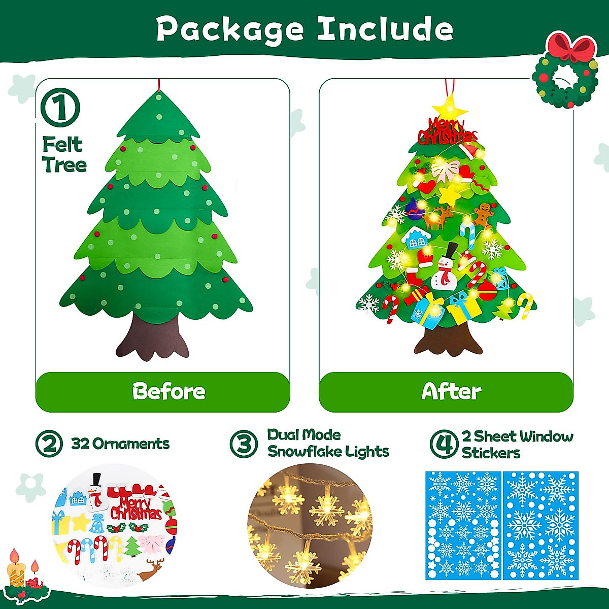 Felt Christmas Tree for Toddlers - 3.3 FT Felt DIY Tree for Kids Wall with Snowflake Lights + 32 Ornaments, Christmas Indoor Home Decorations, Kids Toddler