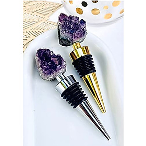 LUXE CRYSTAL CO. Natural Amethyst Teeth Raw Crystal Wine Stopper Bottle Gold Silver Handmade Wine Champagne Gifts for Her Bridal Shower Minimalist Decor (Silver)
