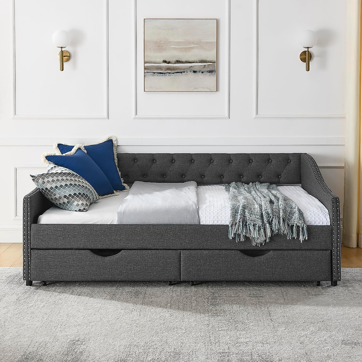 Linuque Upholstered Full Size Daybed with 2 Storage Drawers, Solid Wood Sofa Bed Frame with Button Tufted Backrest and Waved Shape Armrests with Copper Nail, Dark Grey
