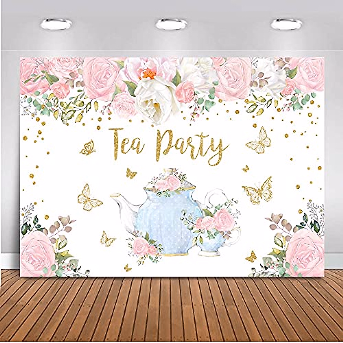Mocsicka Tea Party Backdrop 7x5ft Princess Wonderland Floral Birthday Baby Shower Photo Backdrops Let's Partea Gold Butterfly Tea Time Photography Background