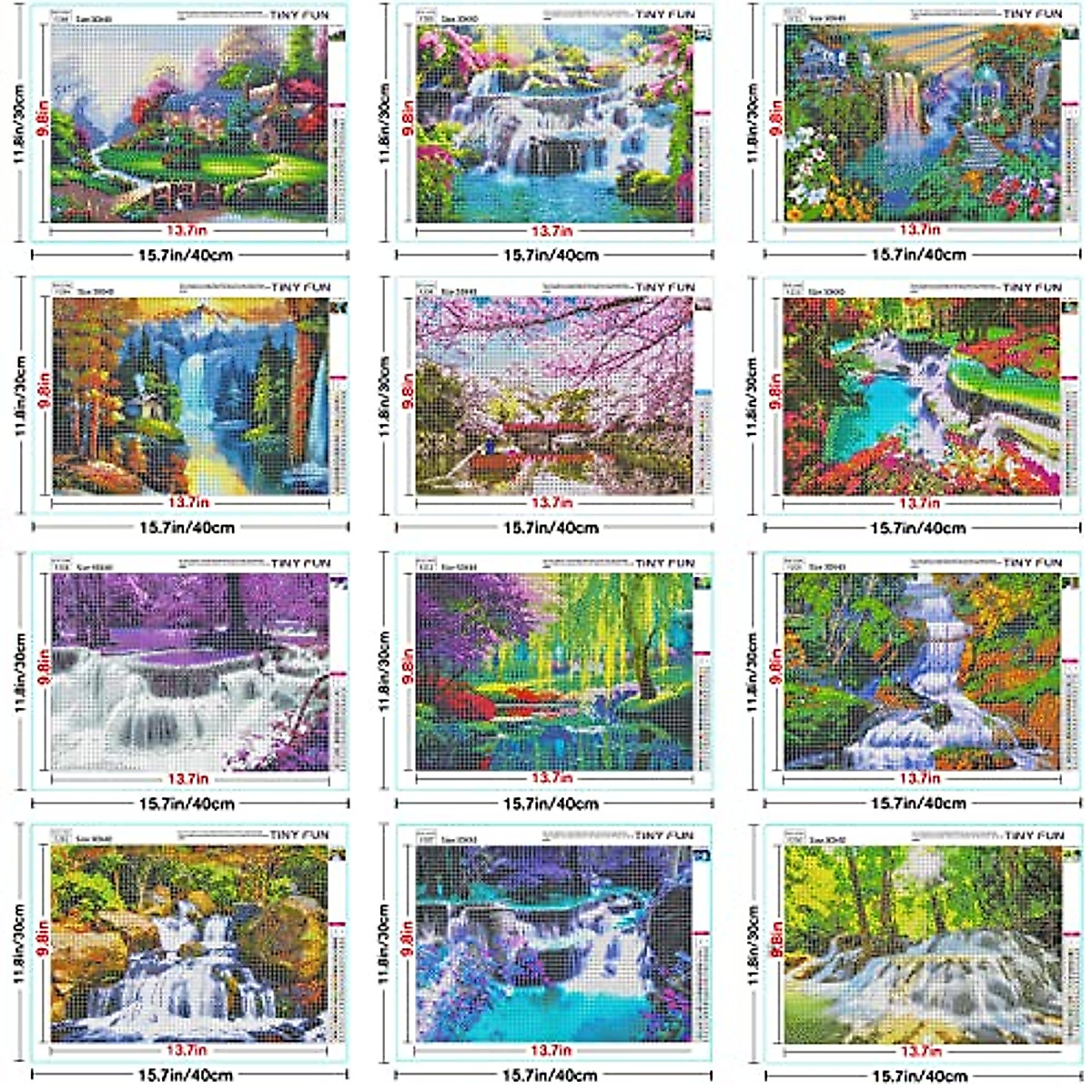 TINY FUN 12 Pack Diamond Painting Kits for Adults 5D Diamond Art Kit for Beginners DIY Full Drill Gem Art, Paint with Round Diamonds Paintings Packs for Home Wall Decor Gifts (12X16 Inch)