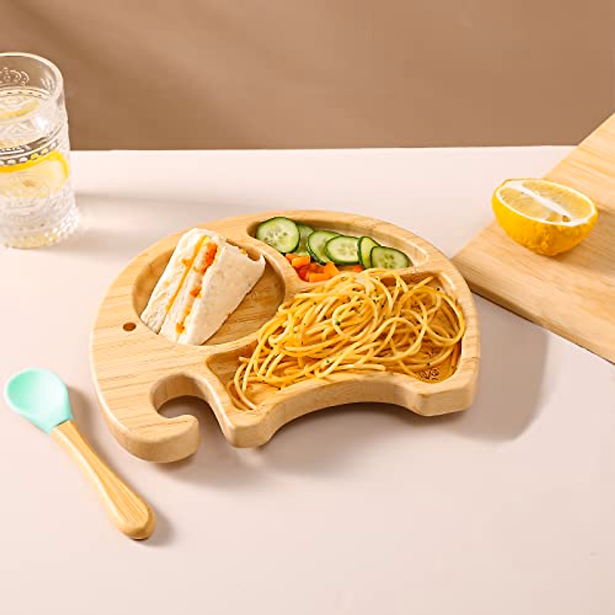 Mamimami Home Bamboo Baby Plate - Silicone Suction - Toddler Food Plate with Fork and Spoon - Baby Led Weaning Plate Feeding Utensils Set, BPA Free （Green Elephant）