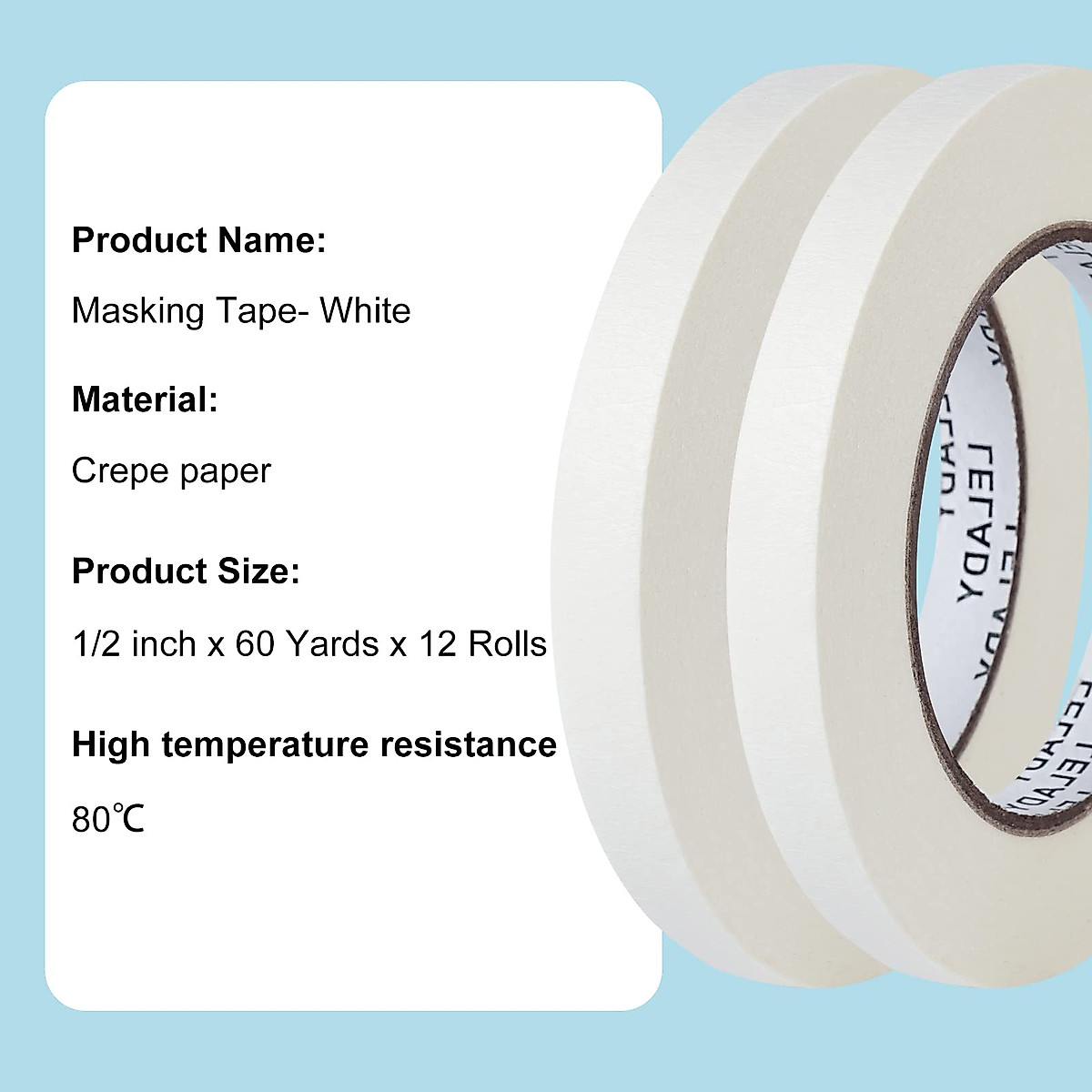 LELADY Masking Tape 1/2 Inch x 60 Yards - 12 Rolls, White Masking Tape, No Residue Painters Tape, Craft Tape Rolls, High Adhesive Decorative Tape for Painting, DIY, Arts, Crafts, Labeling, Handmade