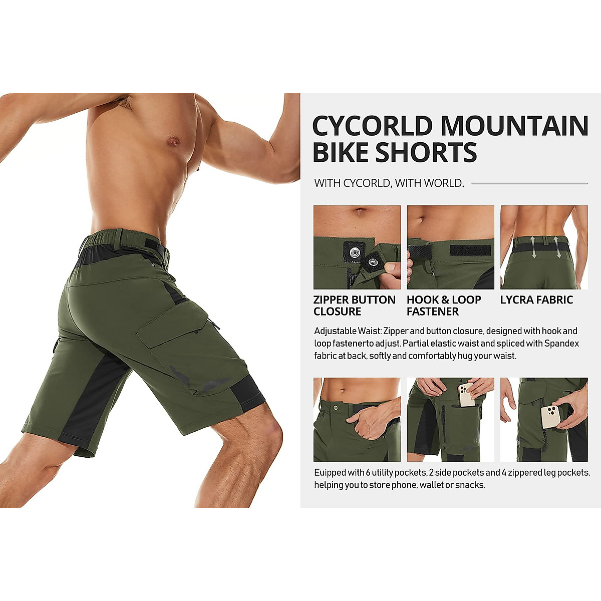 Cycorld Mens-Mountain-Bike-Shorts, Loose Fit with Zippered Pockets, MTB, Cycling,Hiking,Cargo,Outdoor Lightweight Shorts(Army Green, XX-Large)