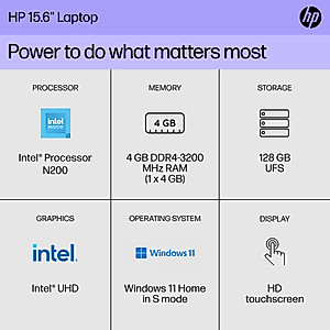 HP 15 Laptop, HD Touchscreen, Intel Processor N200, 4 GB RAM, 128 GB UFS, Intel UHD Graphics, Windows 11 Home in S Mode, 15-fd0010nr (2023),Silver