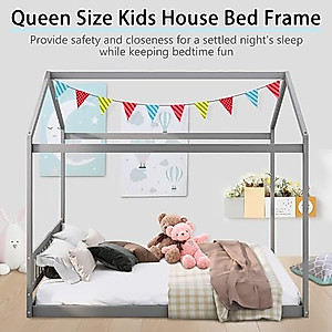 LostCat Queen Size Kids House Bed Frame with Headboard, Wooden Montessori Floor Bed Kids Bed Frame, House Platform Bed for Kids Boys Girls, Wooden Slat Support/No Box Spring Needed, Gray