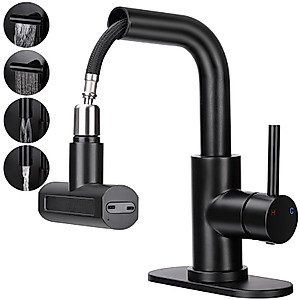 Bathroom Faucet 4 in 1, Faucet for Bathroom with Pull Down Sprayer, Matte Black Bathroom Sink Faucet for 1 or 3 Holes