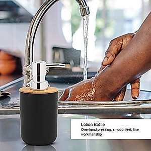 Tyenaza 6pcs Bathroom Accessories Set, Bamboo Bath Set Toothbrush Holder Toothbrush Cup Soap Dispenser Soap Dish Toilet Brush Holder Trash Can Straw(Black)