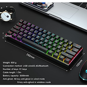 Ajazz G1000 USB Wired/2.4G/Bluetooth 3-Modes Wireless Mechanical Keyboard, Compact 61 Keys, Adjustable RGB Backlight, iOS/Android/Mac/Windows Compatible (Black, Blue Switch)