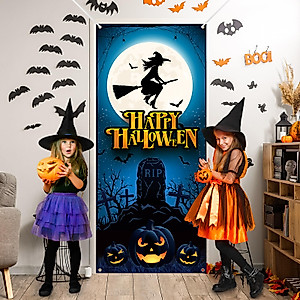 Panelee Halloween Door Decorations 79 x 35 Inches Skeleton Witch Window Door Cover Photo Posters Banner Backdrop Halloween Wallpaper Sticker for Front Door Porch Halloween Party Supplies(Moon, Witch)
