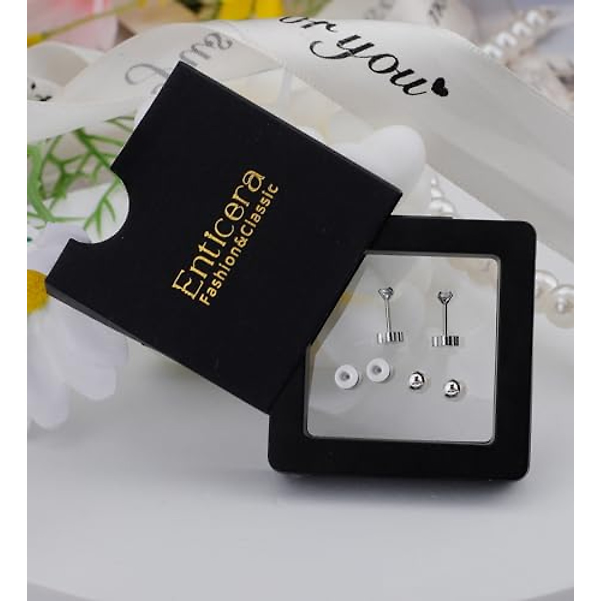 Enticera 3mm G23 Titanium Earrings for Sensitive Skin Handmade Flower Screw Back 5A+Cubic Zirconia Earrings 20g 14K Gold Hypoallergenic Nap Earrings for Helix Cartilage Piercing White