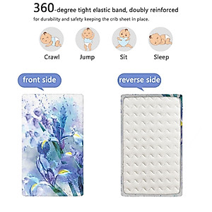 Watercolor Flower Themed Fitted Crib Sheet,Standard Crib Mattress Fitted Sheet Soft & Stretchy Fitted Crib Sheet-Great for Boy or Girl Room or Nursery,28“ x52“,Lilac Teal Ecru