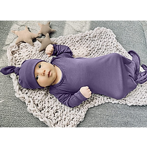 Soft Newborn Baby Gown with Hat | Sleep Nightgown with Long Sleeve and Mitten Cuffs for Girl and Boy (Navy)