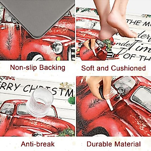 Ileading Red Truck Xmas Tree Kitchen Rugs and Mats Set of 2 Merry Christmas Anti Fatigue Kitchen Floor Mat Farmhouse Wood Grain Comfort Standing Mat Waterproof Kitchen Sink Mat for Floor Kitchen Home