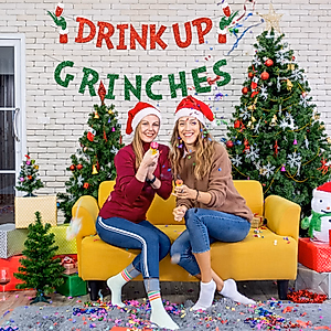 Drink Up Grinches Banner, Glittery Christmas Decorations Banners Winter Holiday Garland Photo Props Banner for Party Home Decorations
