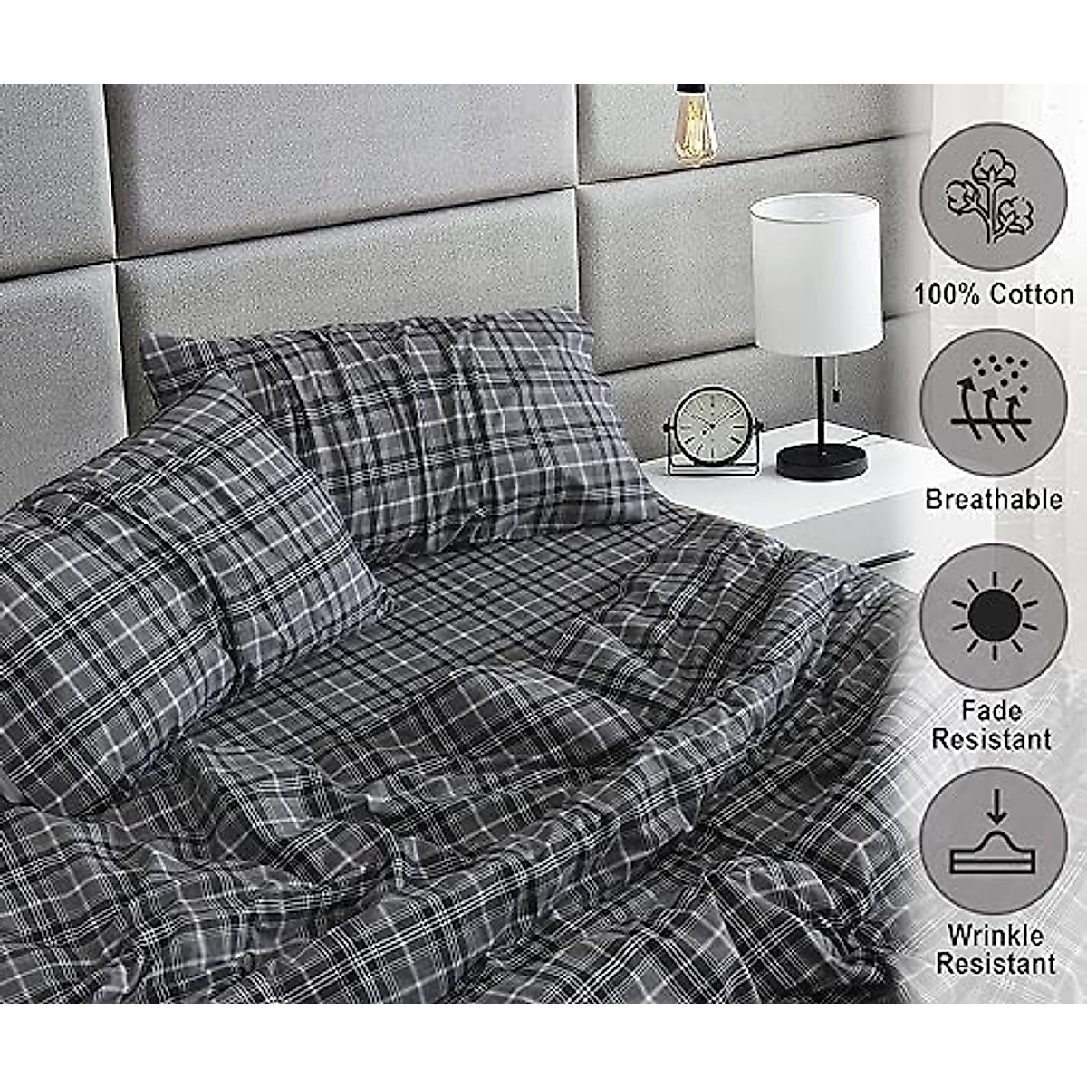 RUVANTI Flannel Sheets Twin Size - 100% Cotton Brushed Flannel Bed Sheet Sets - Deep Pockets 16 Inches (fits up to 18") - All Seasons Breathable & Super Soft - Warm & Cozy - 3 Pcs - Grey Plaid