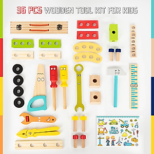 Rundad Wooden Kids Tool Set – 37 PCS Tool Kit Box with Stickers of My First Tools, Montessori Toys for 2 3 4 Year Old Boy Gift, Tool Construction Set for Toddler Ages 3-5