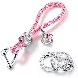 Crystal Car Keychain Bling Keychain Accessories Glitter KeyRing Strap with Heart Charm Key Decorations for Women Auto (Pink)